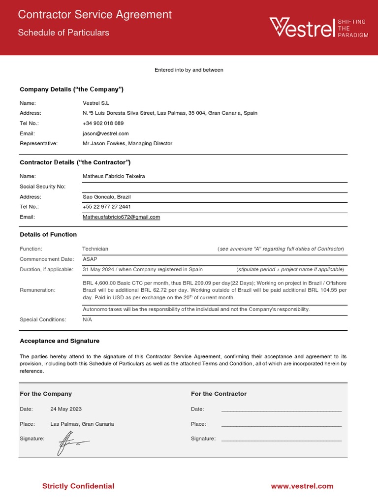 Vestrel Contractor Agreement M Trexeira | PDF | Employment | Trade Secret
