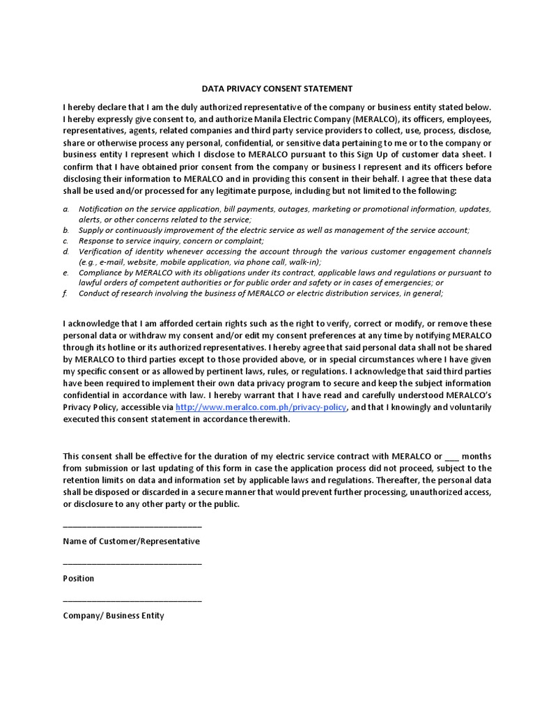 Data Privacy Consent Statement - Meralco | PDF