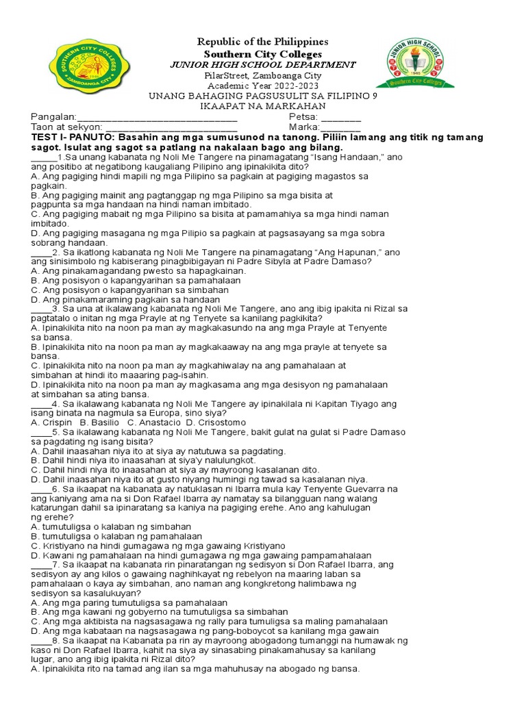 1st Part Exam Fil 9 4th Grading | PDF