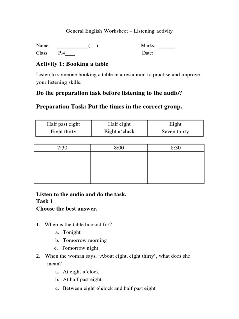 Grade 4 Listening Activity 1 - Booking a Table | PDF