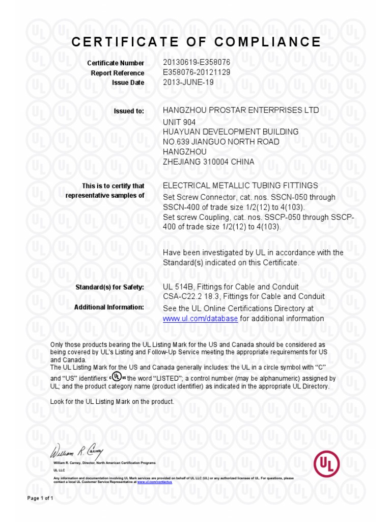 UL 514B Compliance Certificate for EMT Fittings | PDF | Electrical ...