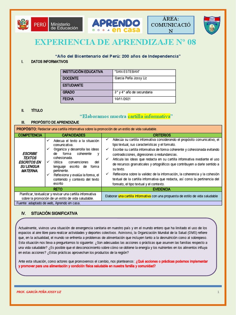COMUNICACIÓN 3° y 4° ACTIVIDAD #15 - EXP 08 | PDF | Aprendizaje | Evaluación