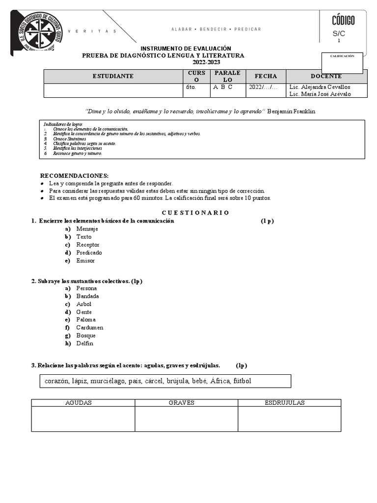 Prueba de Diagnostico Lengua 6to 2022-2023 | PDF | Mecánica del ...
