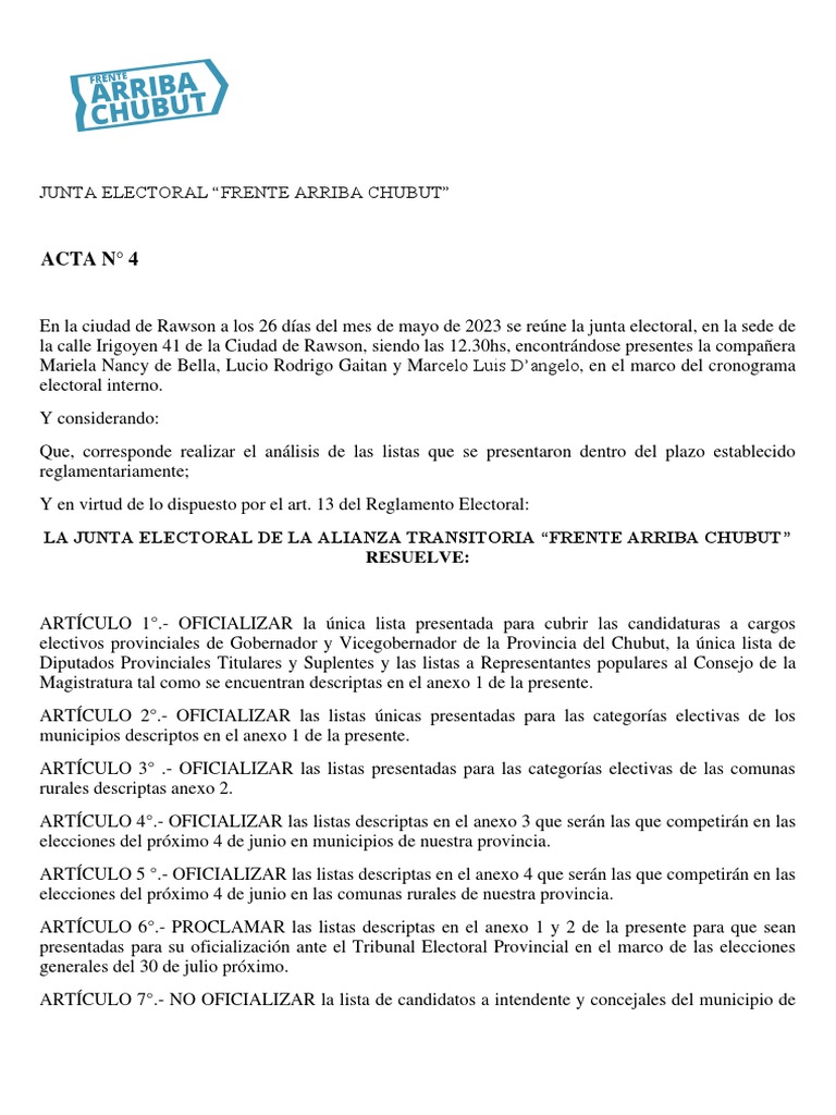 Acta #4 de La Junta Electoral | PDF | Títulos | Gobierno