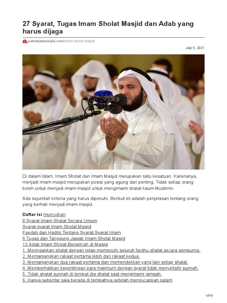27 Syarat Tugas Imam Sholat Masjid Dan Adab Yang Harus Dijaga | PDF
