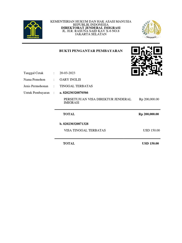 Bukti Pembayaran Visa Tinggal Terbatas | PDF