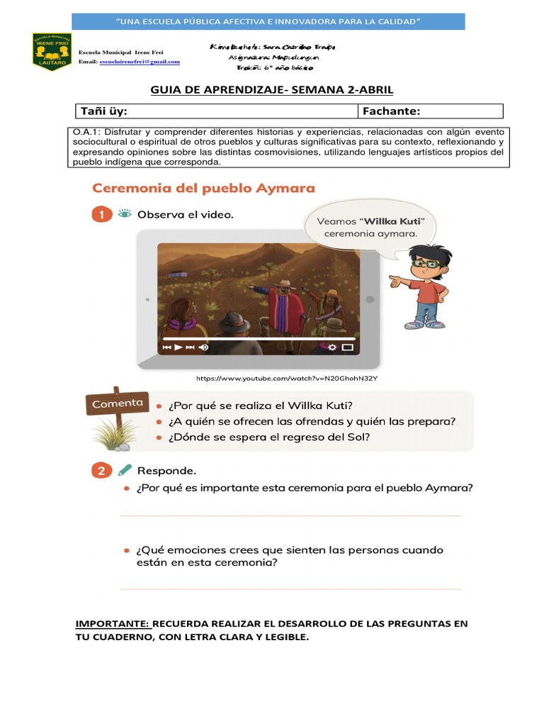 Guía de Aprendizaje Mapudungun 6° Básico | PDF