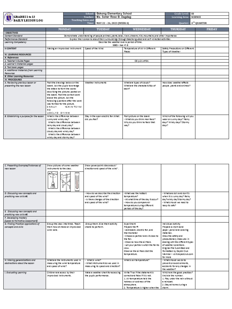 DLL - Science 3 - Q4 - W4 | PDF | Learning | Weather