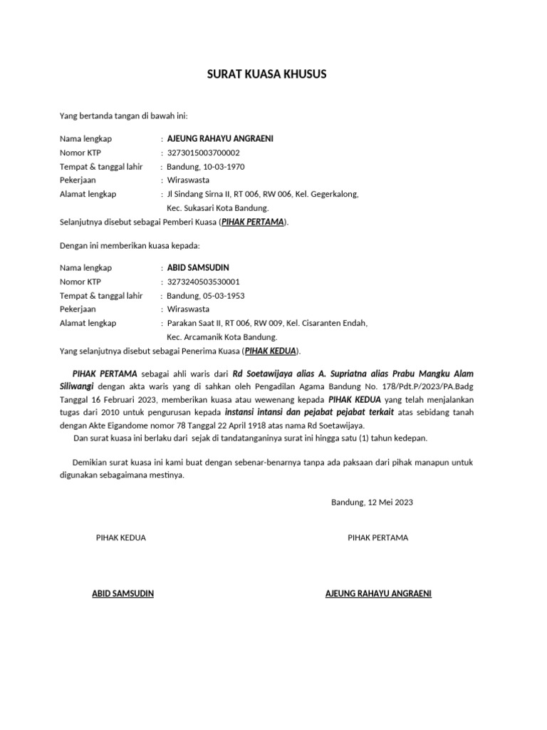 Contoh Surat Kuasa Tanah | PDF Contoh Surat Kuasa Tanah | PDF