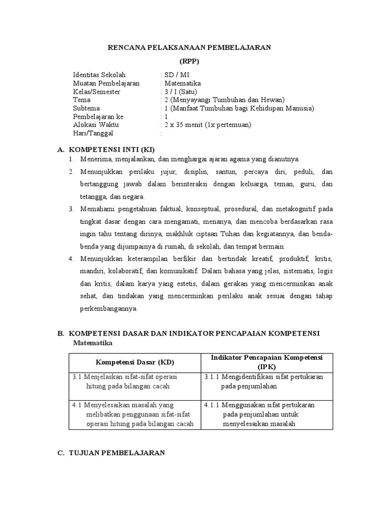 RPP Kelas 3 Tema 2 Sub 1 PB 1 Matematika | PDF