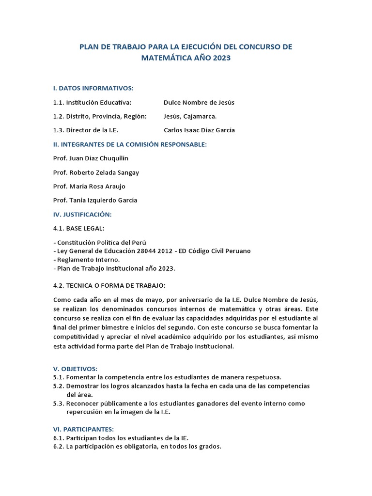 Plan De Trabajo Concurso Matemática 2023 Pdf 8961