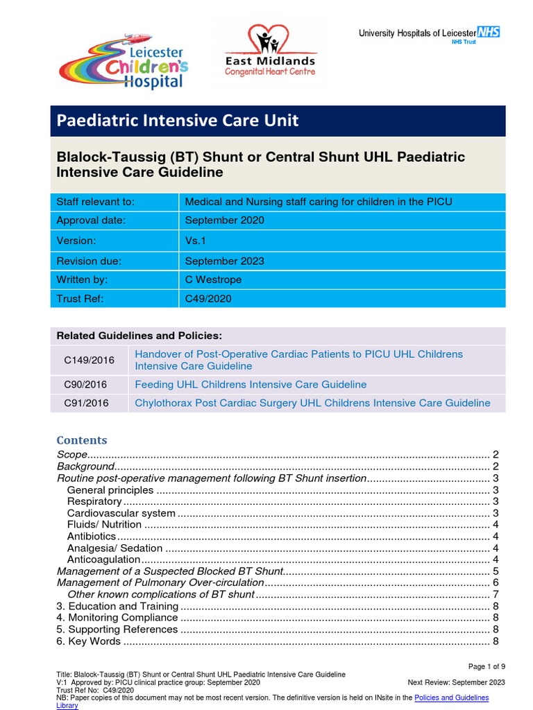 Blalock-Taussig (BT) Shunt or Central Shunt UHL Paediatric Intensive ...