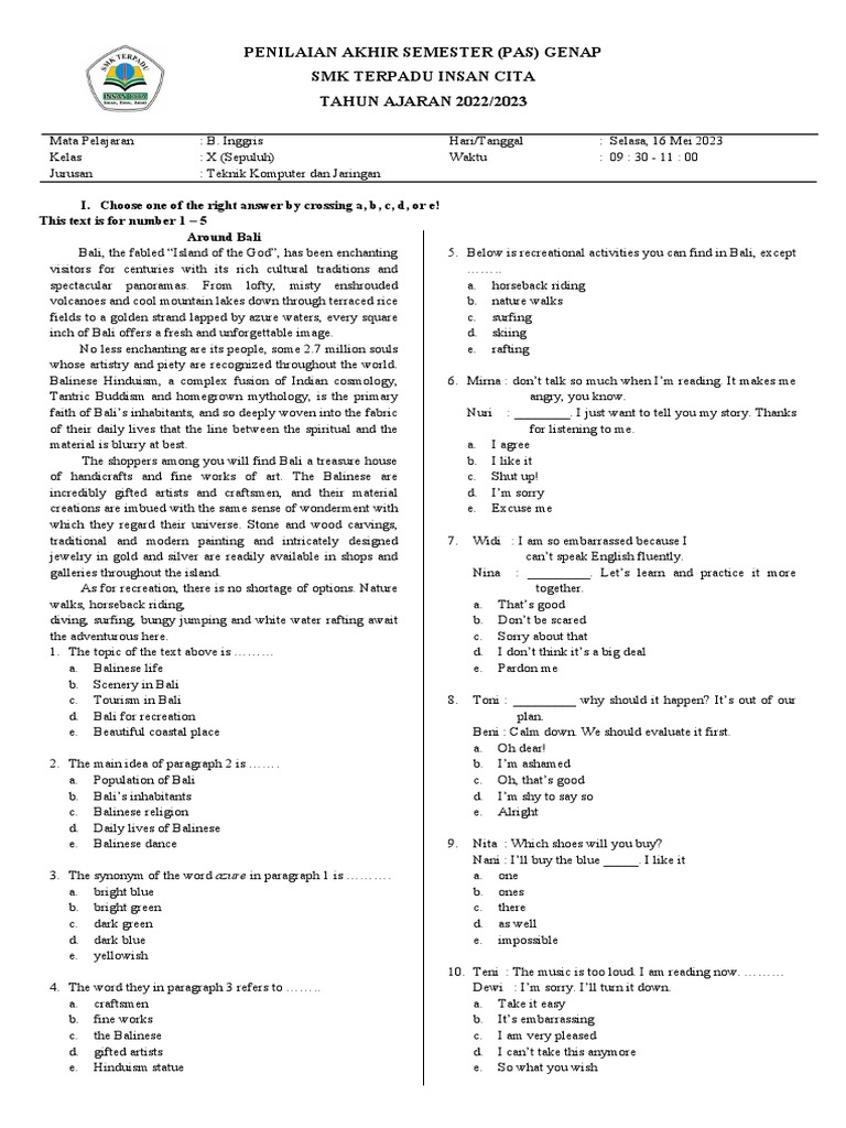 Soal B. Inggris Kls 10 Genap, 2023 | PDF | Bali