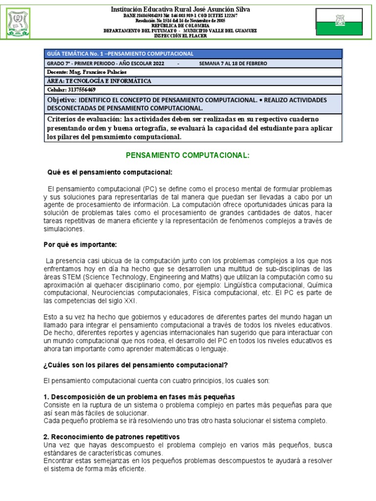 Guia 1 Pensamiento Computacional Inf7 | PDF | Pensamiento | Algoritmos
