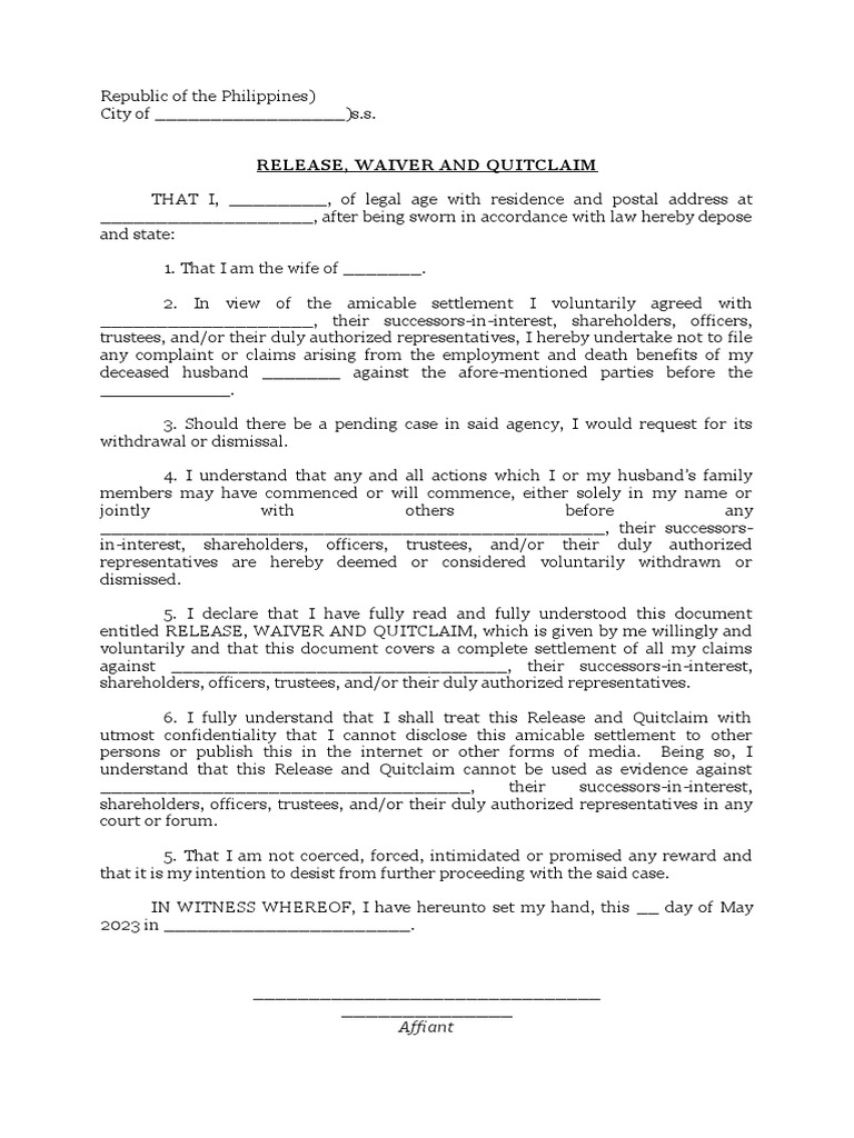 RELEASE WAIVER QUITCLAIM Template | PDF