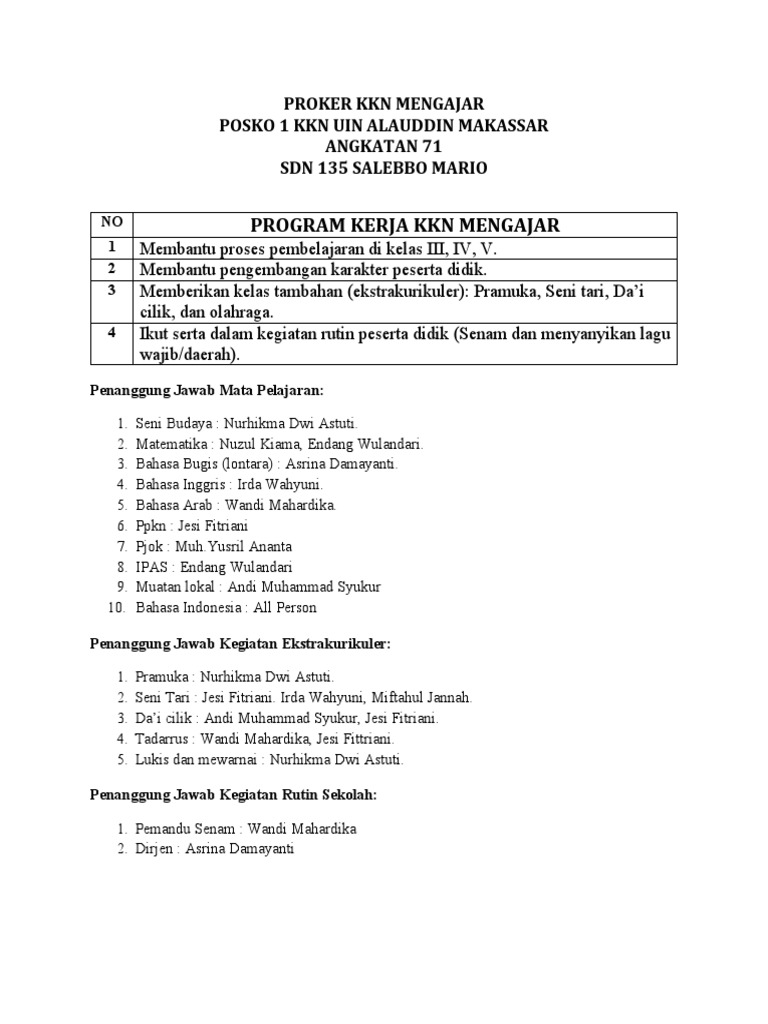 PROKER KKN MENGAJAR POSKO 1 II | PDF