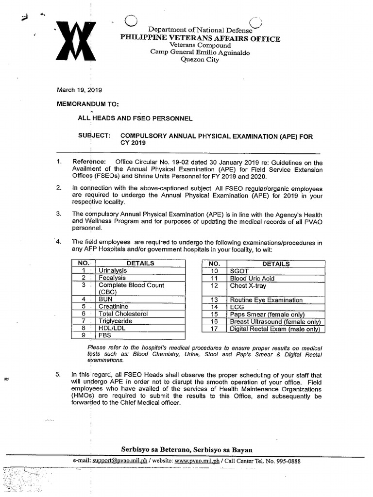 Memo To All PVAO FSEO Personnel Re Compulsory APE For FY 2019 | PDF