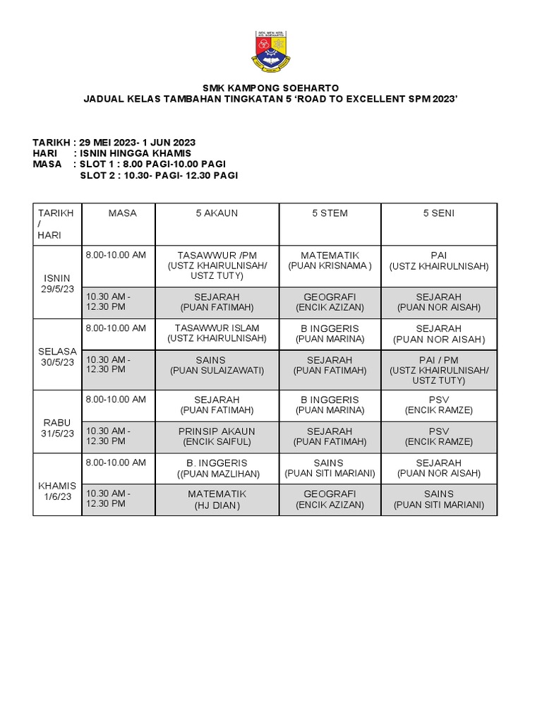 Jadual Kelas Tambahan Spm 2023 Pdf
