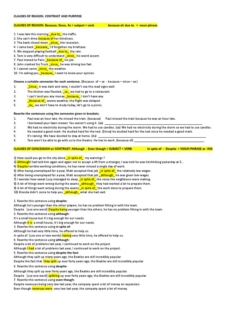 Clauses of Concession Reason Purpose Exercise | PDF | Sentence ...