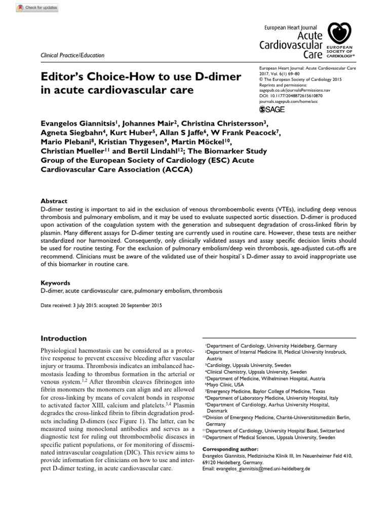 Editor's Choice-How To Use D-Dimer in Acute Cardiovascular Care | PDF ...