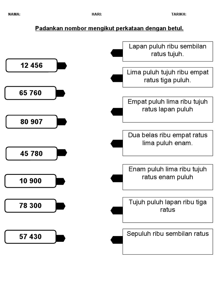 Padankan Nombor Mengikut Perkataan Dengan Betul PULUH RIBU | PDF