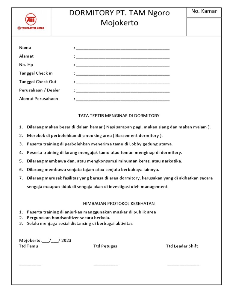 Form Checkin Dormitory (RLC Ngoro) | PDF