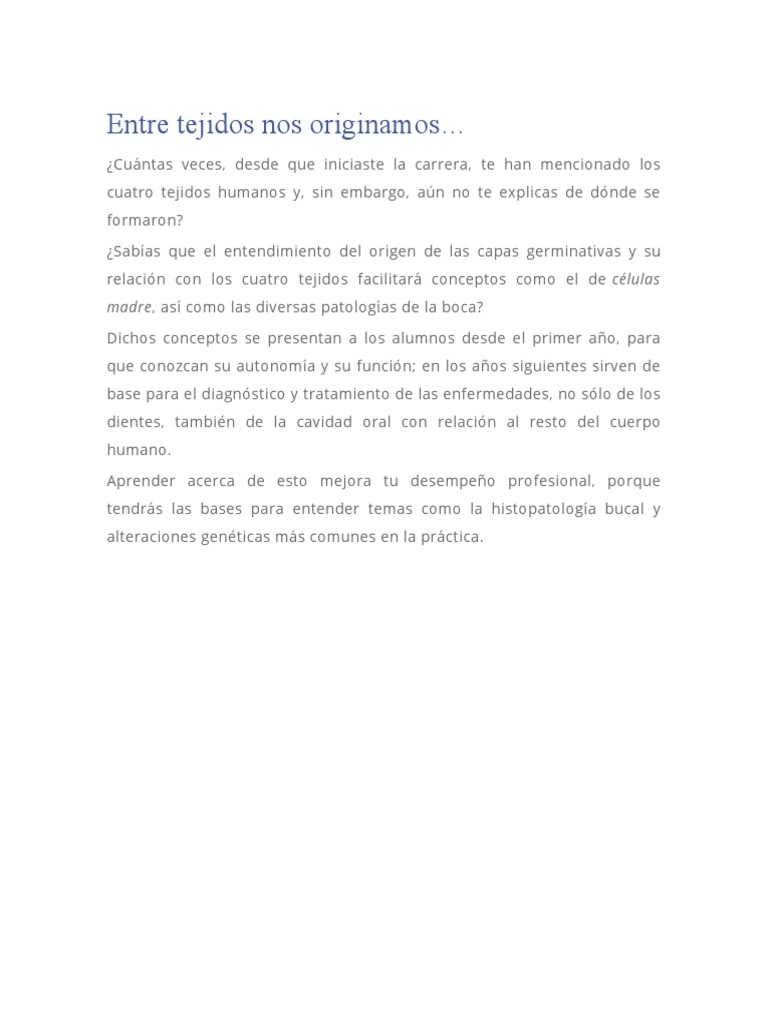 Origen Embrionario de los Tejidos Humanos | PDF | Embrión | Biología ...