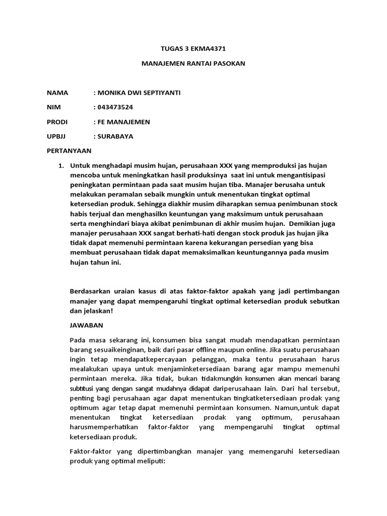 Tugas 3 Ekma4371 Manajemen Rantai Pasokan | PDF