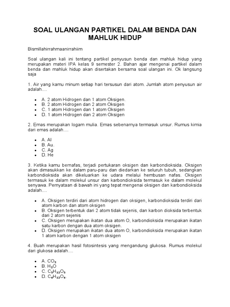 Soal Ulangan Partikel Dalam Benda Dan Mahluk Hidup | PDF