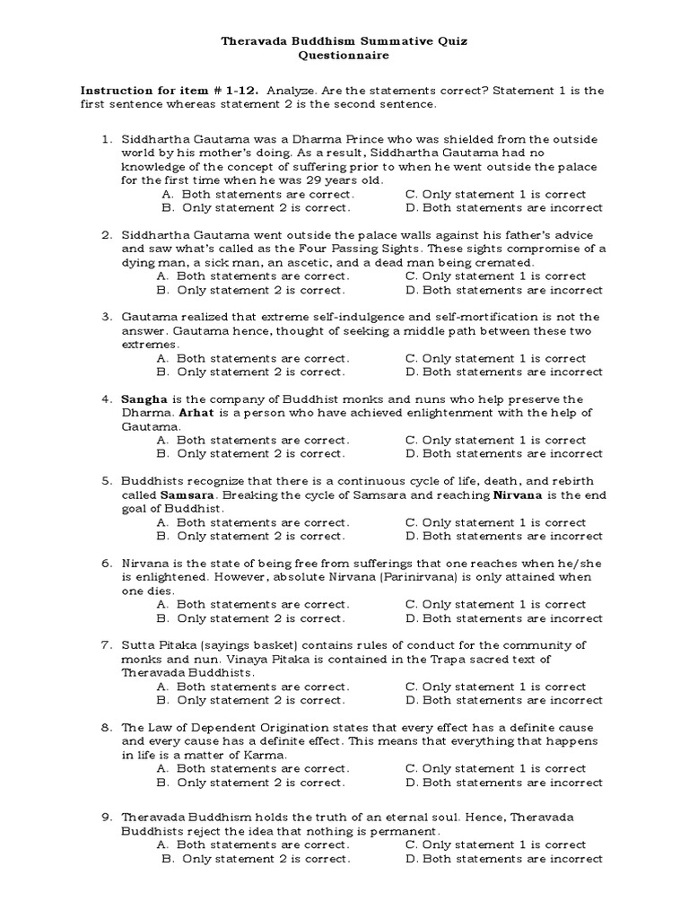 Theravada Buddhism Quiz Questions | PDF | Noble Eightfold Path | Indian ...