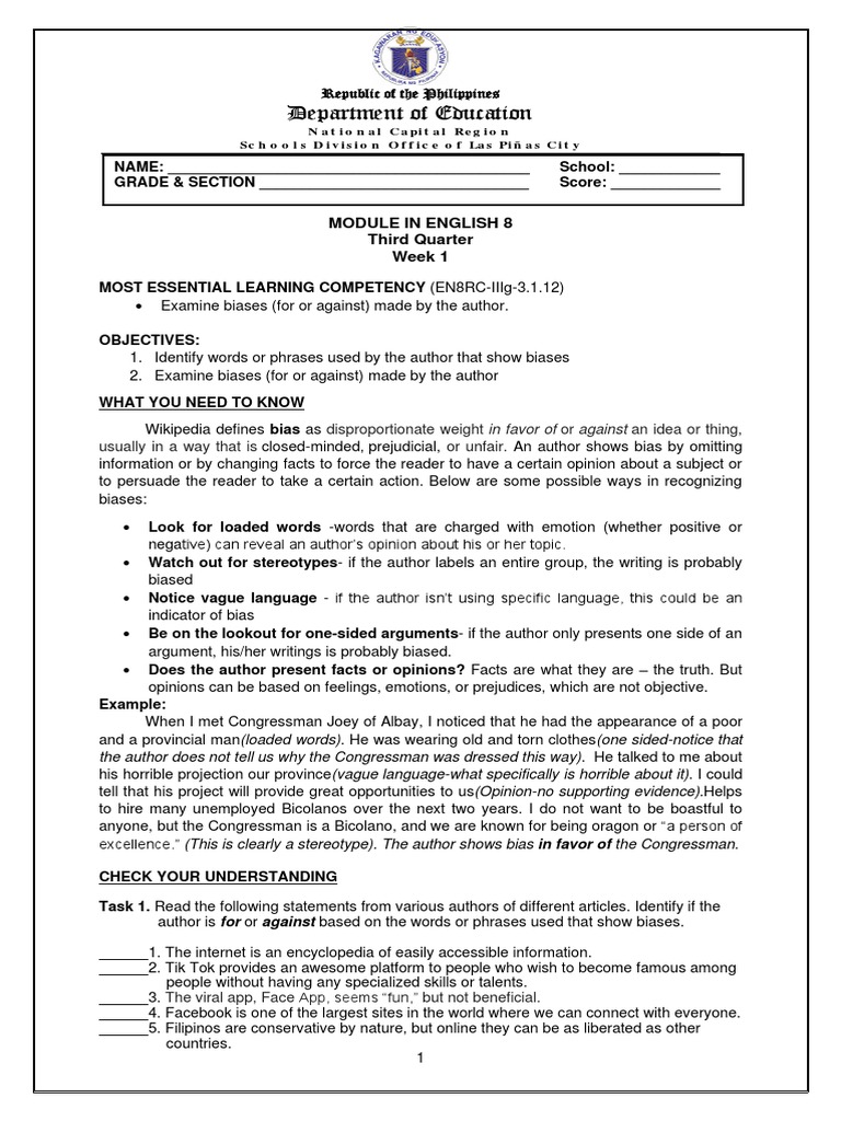 Q3 Gr 8 Module 1 Week 1 Pdf Bias Communication