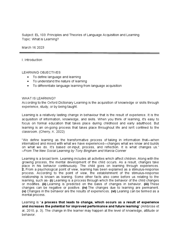 EL 103 Principles and Theories of Language Acquisition and Learning | PDF