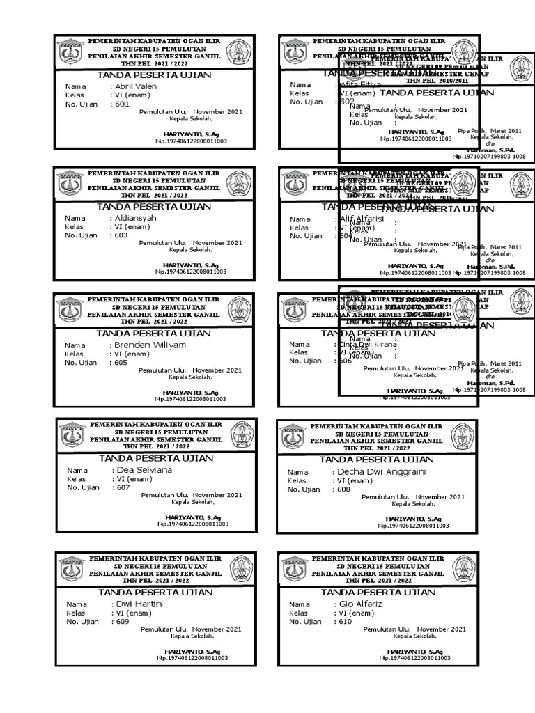 Contoh Nomor Peserta Ujian | PDF