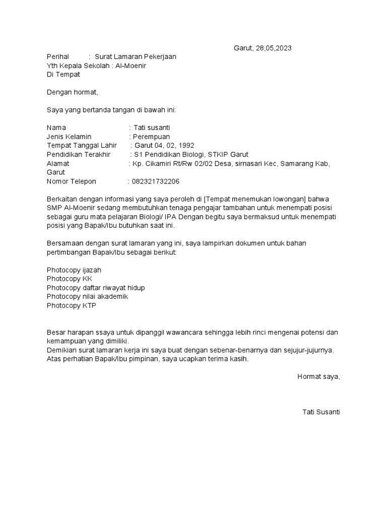 Surat Lamaran Kerja Guru SMP | PDF