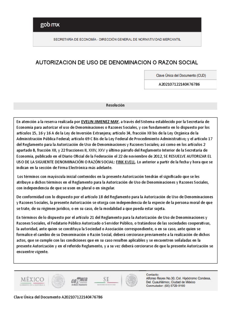 Autorizacion de Uso de Denominacion o Razon Social | PDF | Sociedad de responsabilidad limitada ...