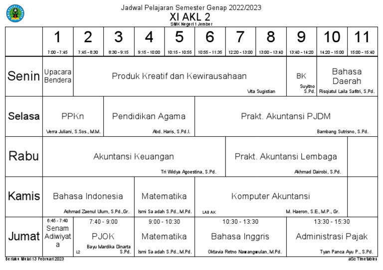 Jadwal Kelas XI AKL 2 | PDF