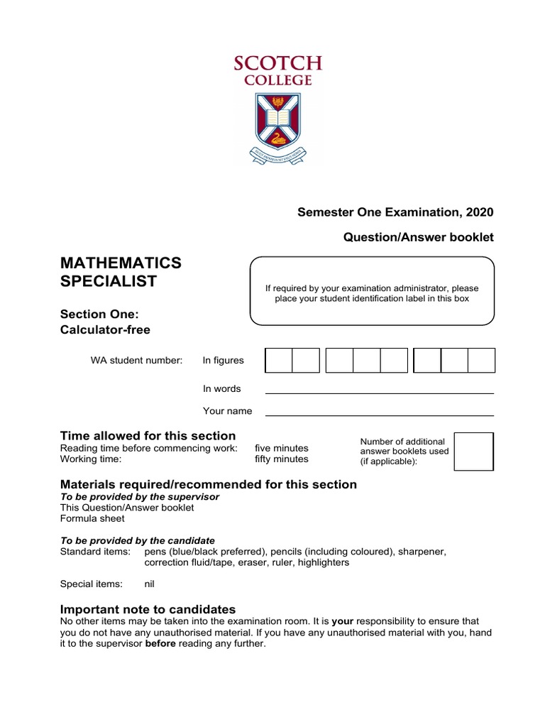 ATAR Mathematics Specialist Exam 2020 | PDF | Mathematical Objects ...