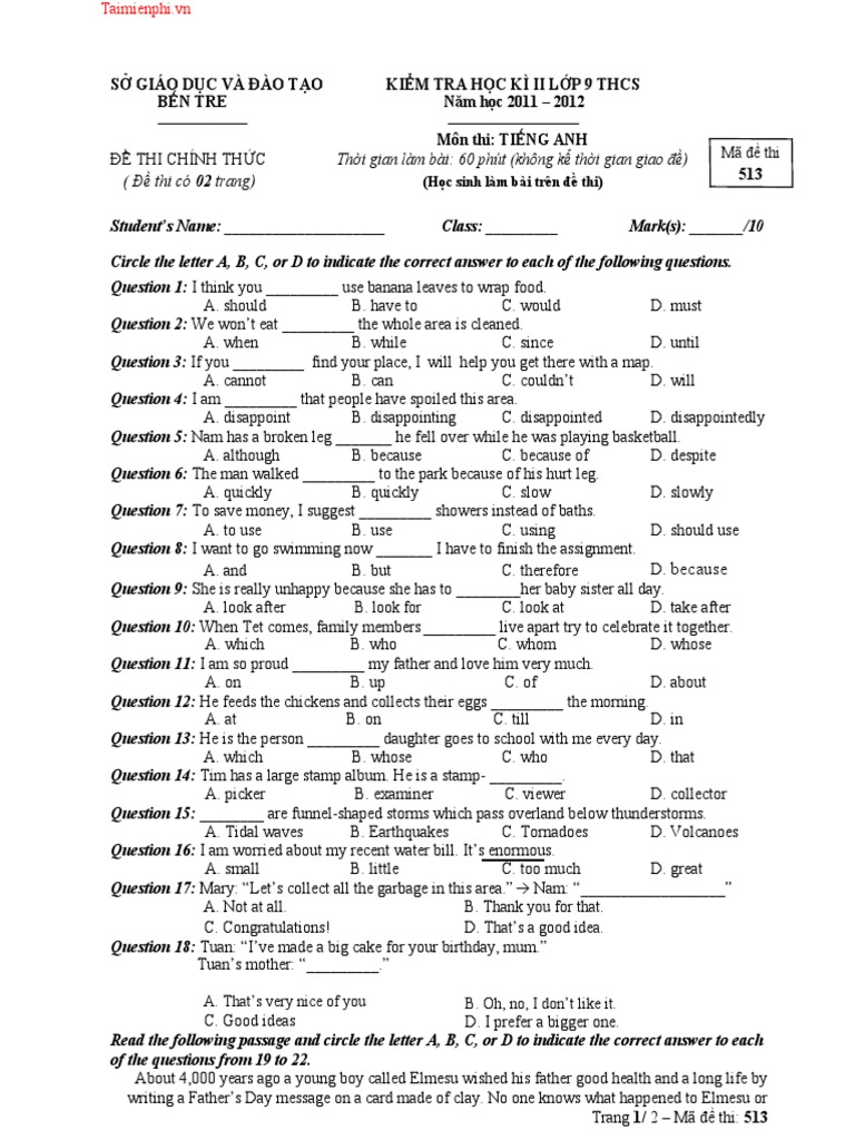 De Thi Hoc Ky 2 Mon Tieng Anh Lop 9 So GD Va DT Ben Tre | PDF