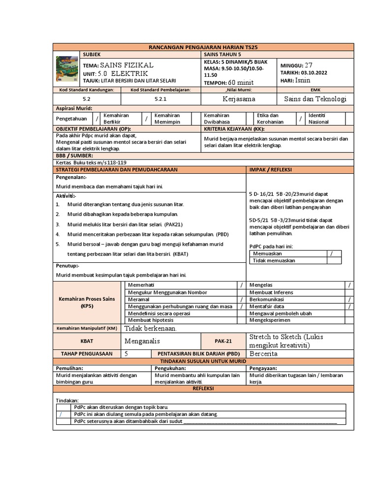 Rancangan Pengajaran Harian Ts25 | PDF