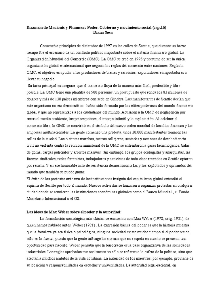 Resumen de Macionis y Plummer - Poder, Gobierno y Movimiento Social (Cap | PDF | Organización de ...