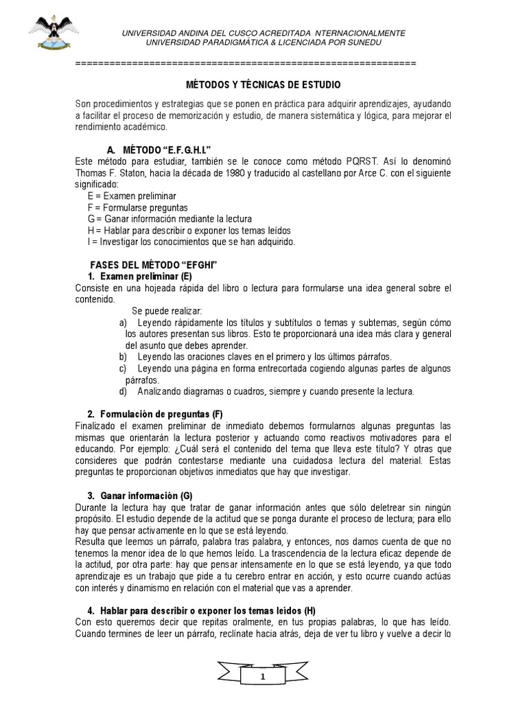 Metodos y Tecnicas de de Estudio - Ficha | PDF | Habilidades de estudio ...