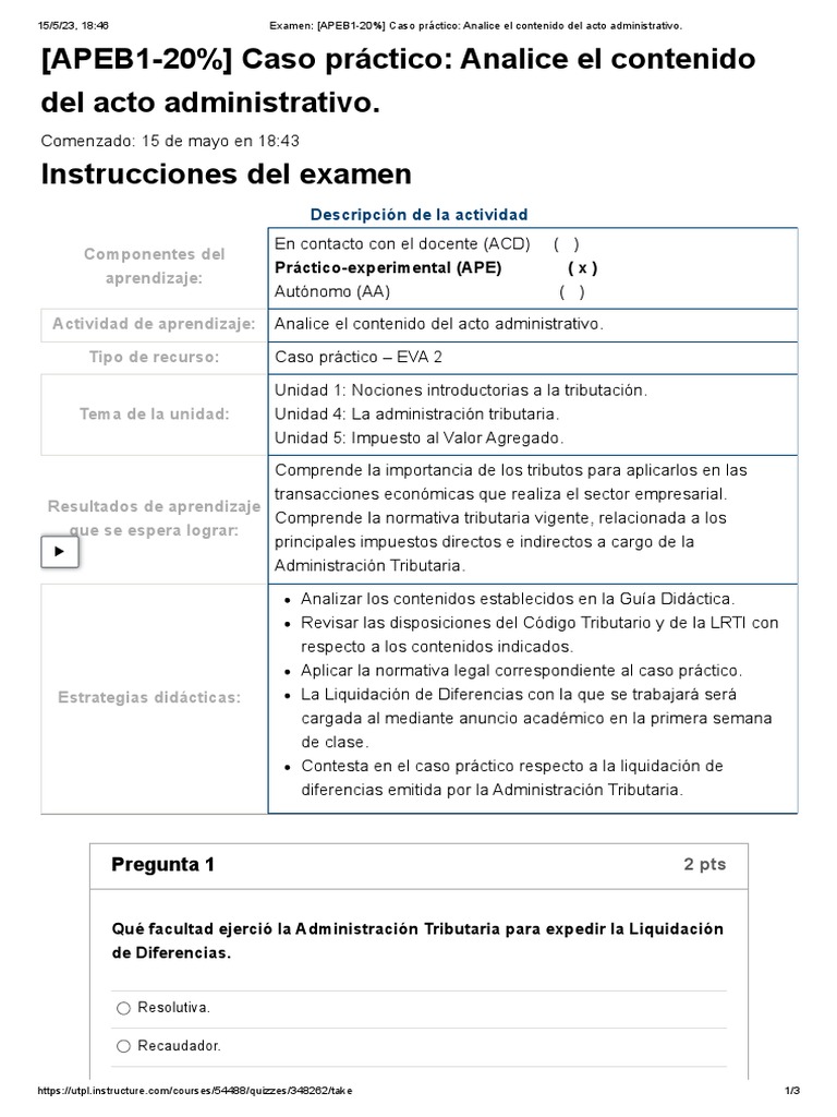 Examen - (APEB1-20%) Caso Práctico - Analice El Contenido Del Acto Administrativo | PDF ...