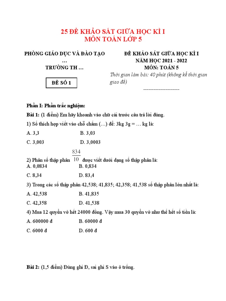 De Thi Toan Lop 5 Giua Hoc Ki 1 2021 | PDF