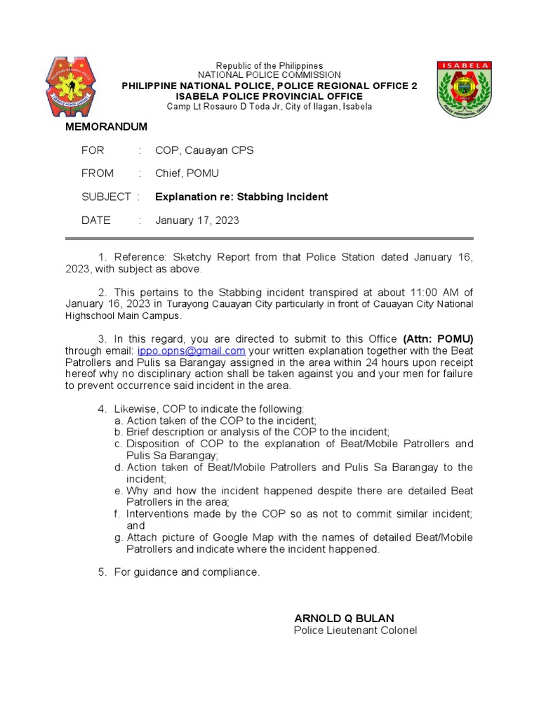 Stabbing Incident Memorandum Isabela | PDF