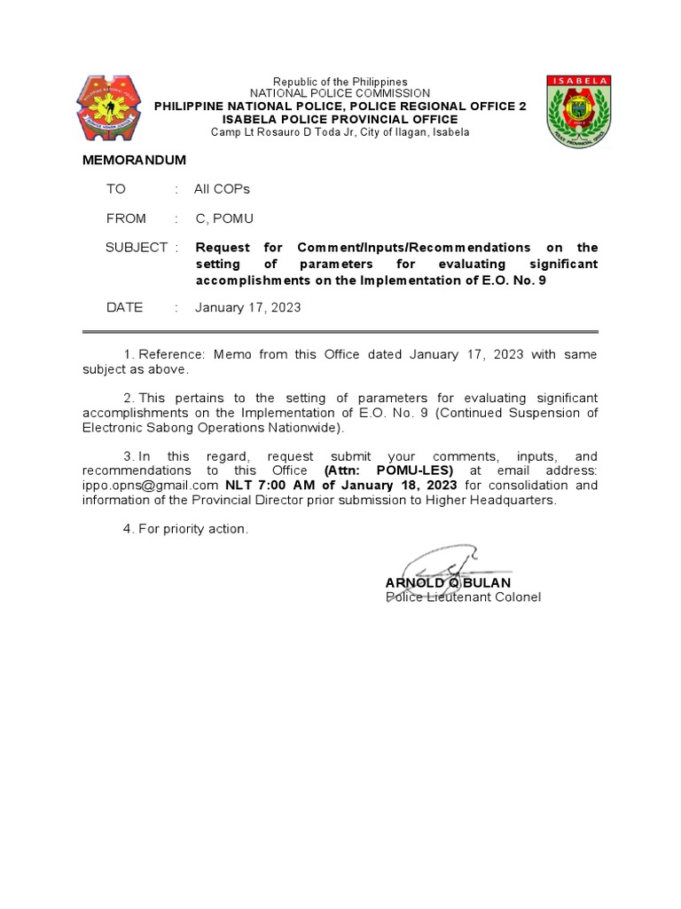 Memorandum: Philippine National Police, Police Regional Office 2 ...