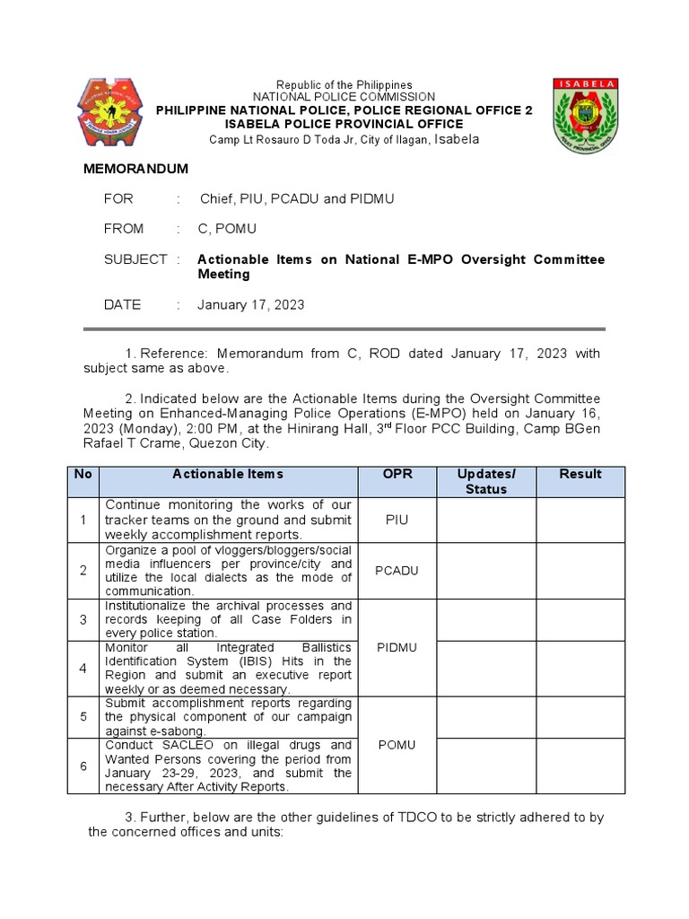 Action Items from E-MPO Meeting 2023 | PDF | Government