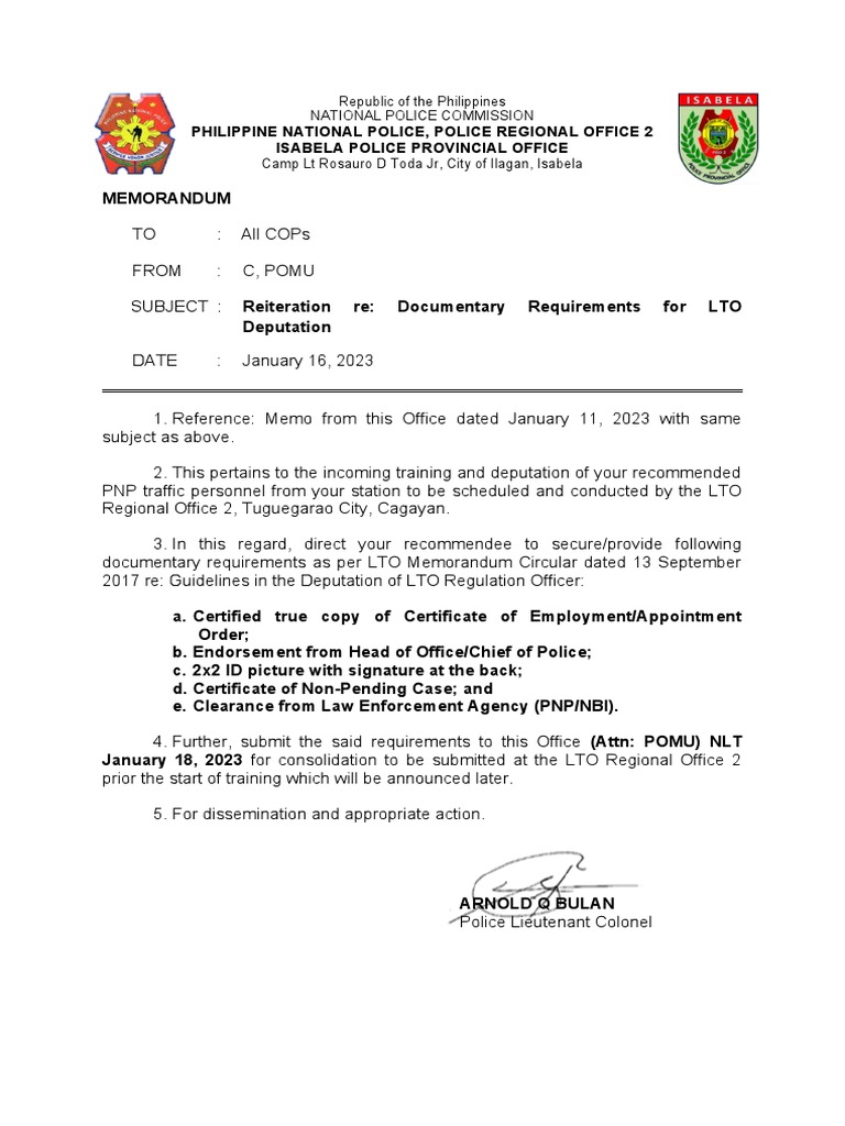 Reiteration Re Documentary Requirements For LTO Deputation | PDF