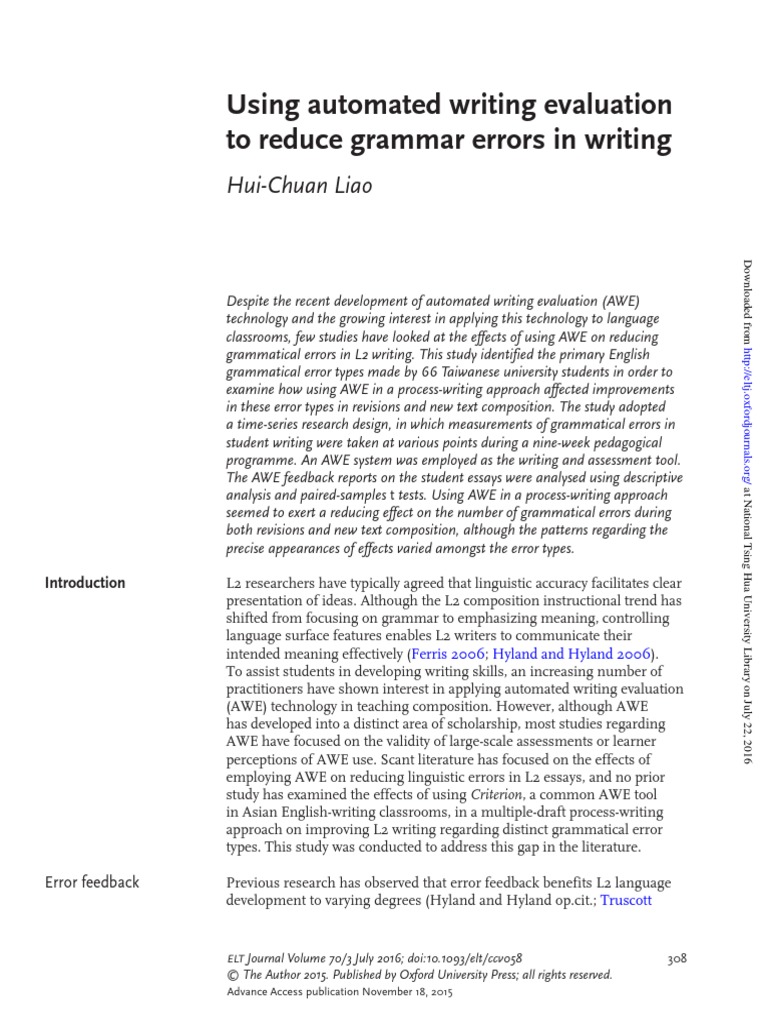 Using Automated Writing Evaluation To Reduce Grammar Errors in Writing | PDF | Second Language ...