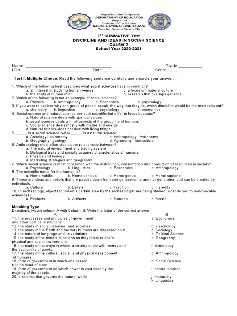 Q3 Summative Test 1 - DISS | PDF | Social Sciences | Science