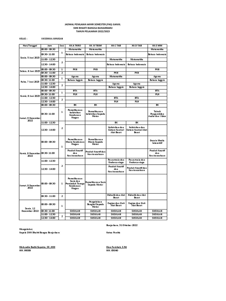 Jadwal Pas Ganjil 2022-2023 | PDF